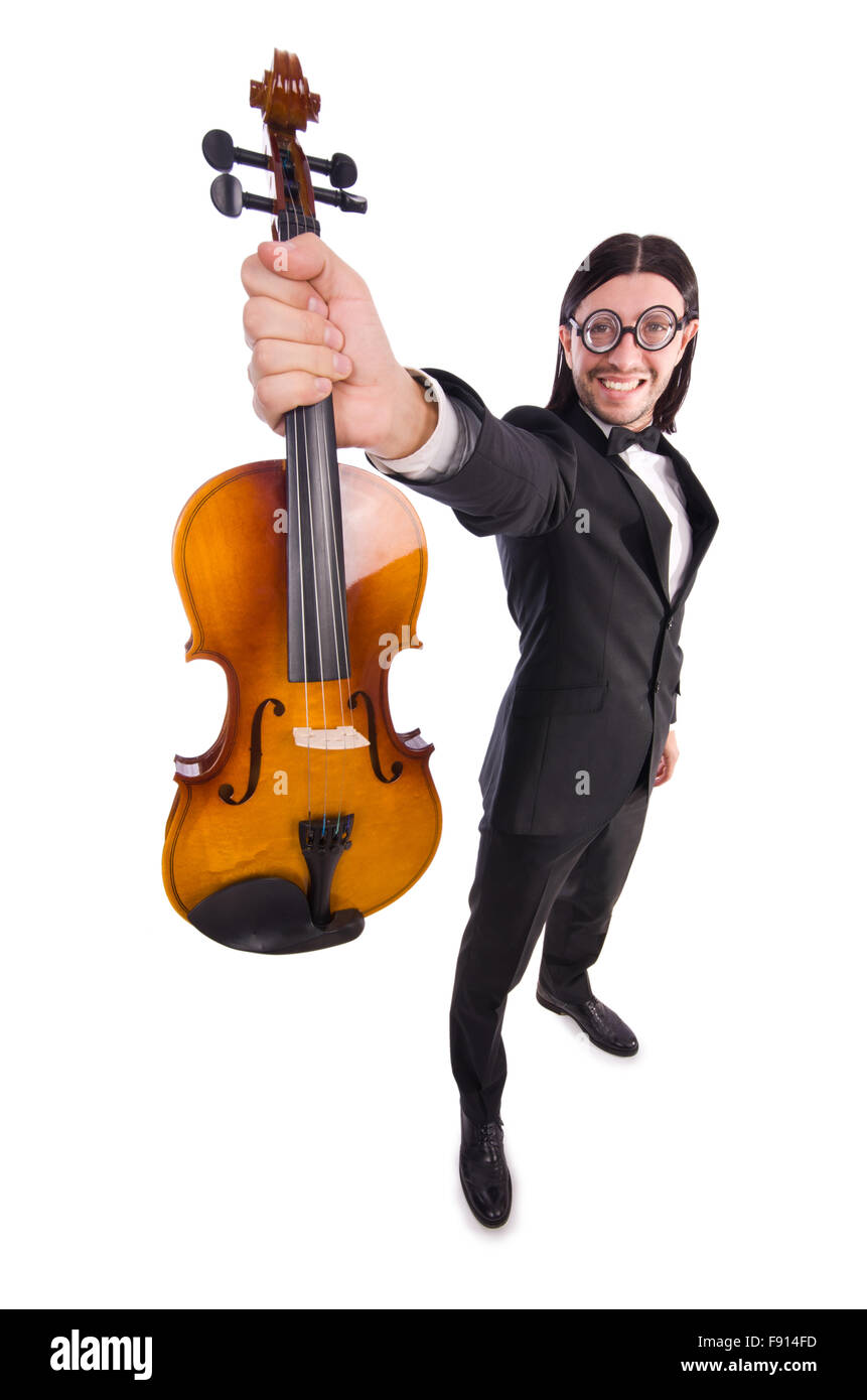 Funny man with music instrument on white Stock Photo - Alamy