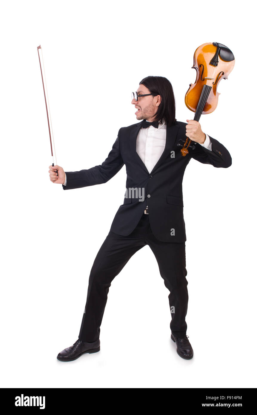 Funny man with music instrument on white Stock Photo - Alamy