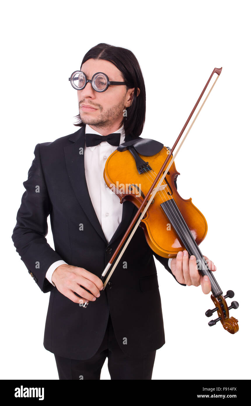 Funny man with music instrument on white Stock Photo - Alamy