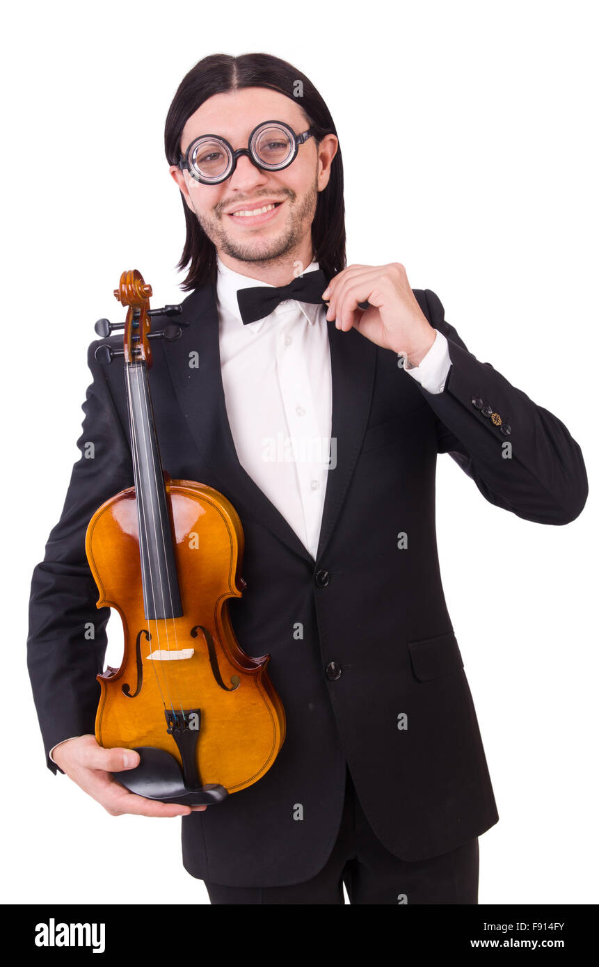 Funny man with music instrument on white Stock Photo - Alamy