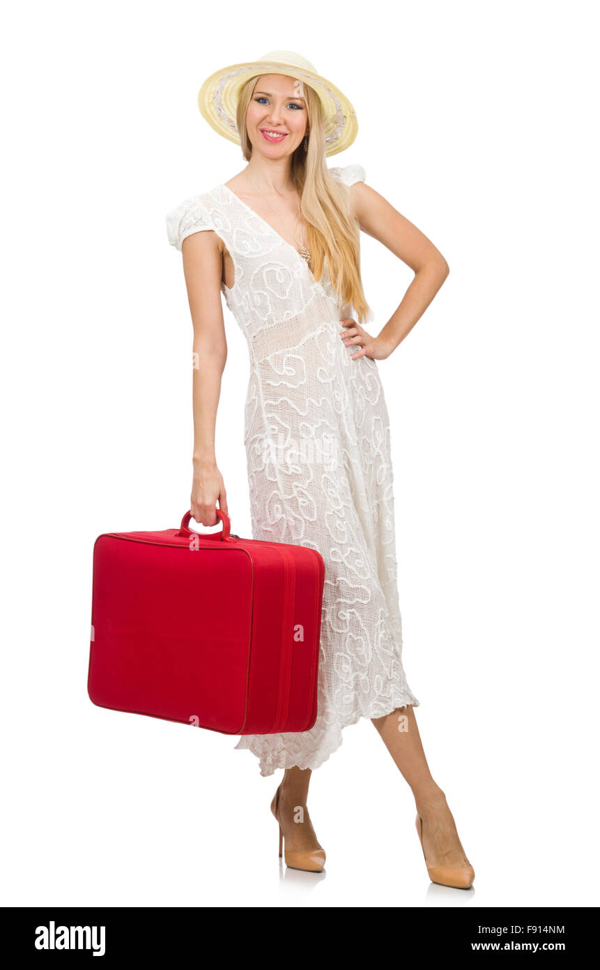 Woman with red suitcase isolated on white Stock Photo - Alamy