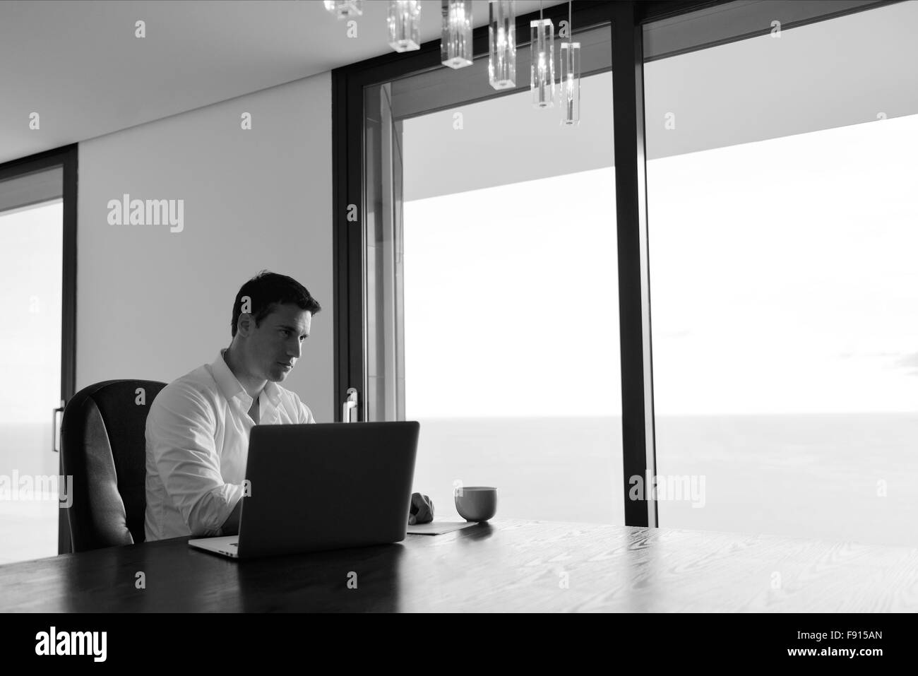 Stressed business person on computer Black and White Stock Photos ...