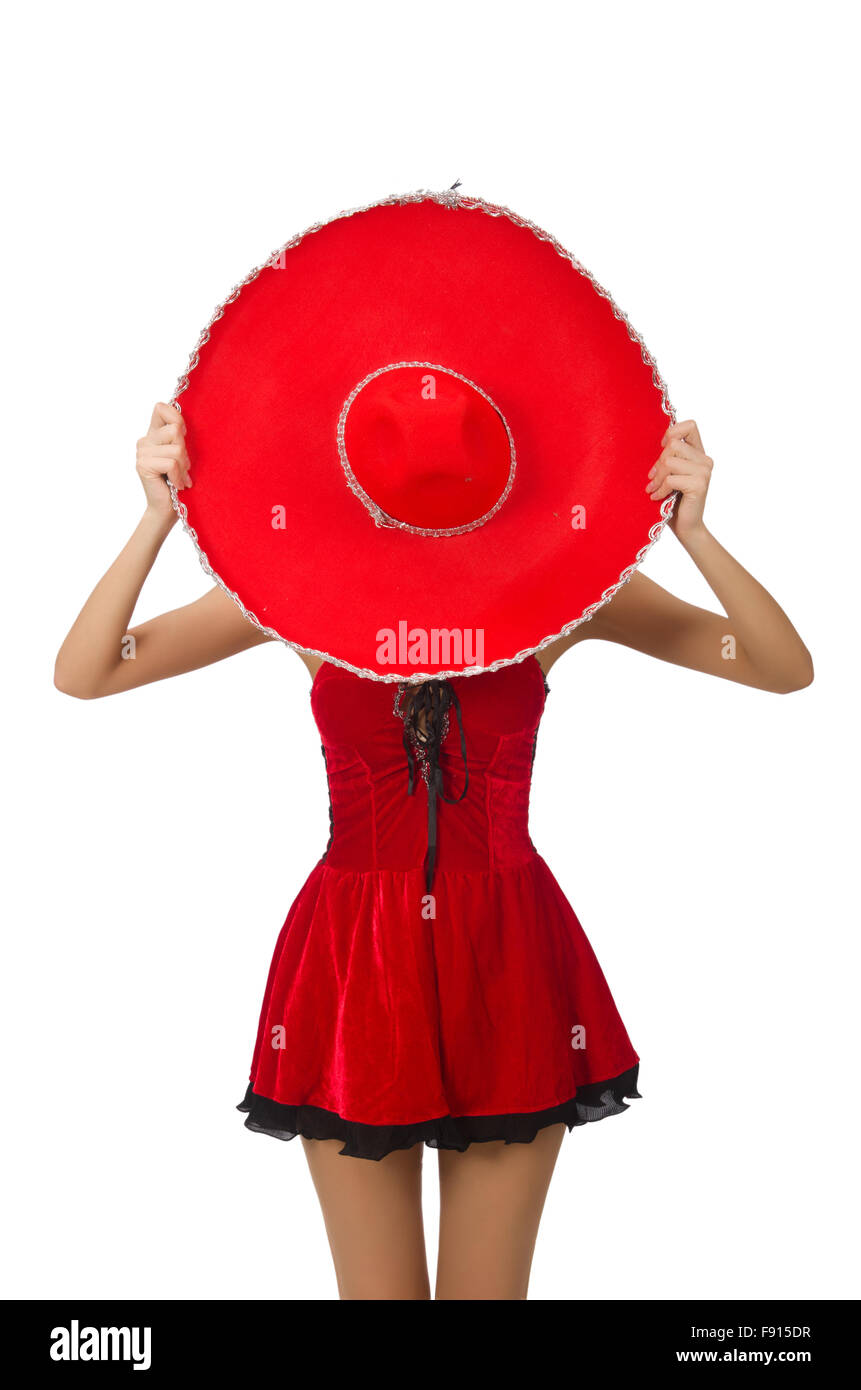 Woman wearing red sombrero isolated on white Stock Photo - Alamy