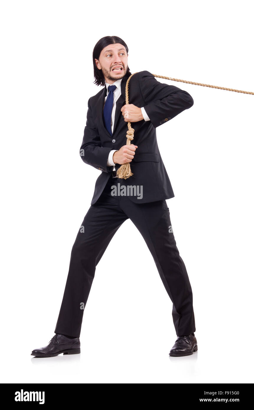 Young businessman pulling rope isolated on white Stock Photo - Alamy