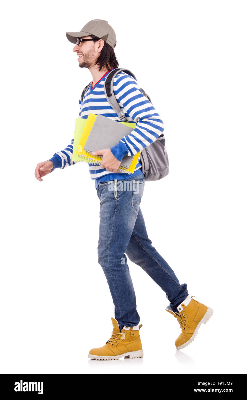Student rushing to the lesson isolated on white Stock Photo - Alamy