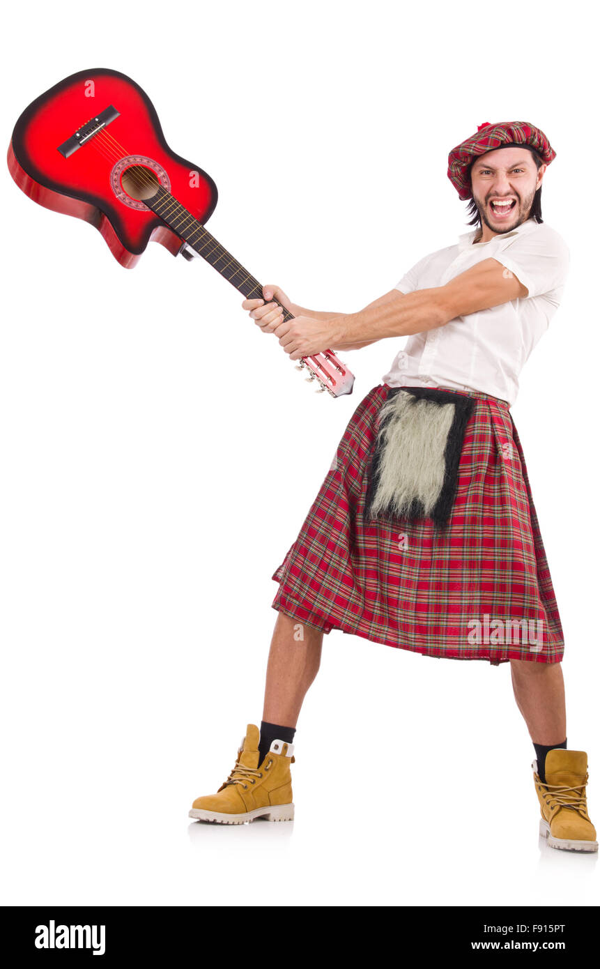 Scotsman playing guitar isolated on white Stock Photo - Alamy