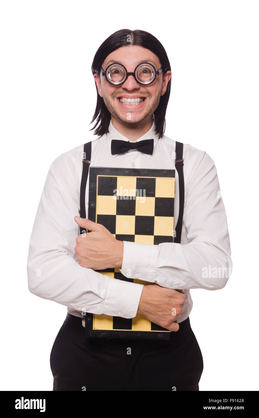 Nerd chess player isolated on white Stock Photo - Alamy