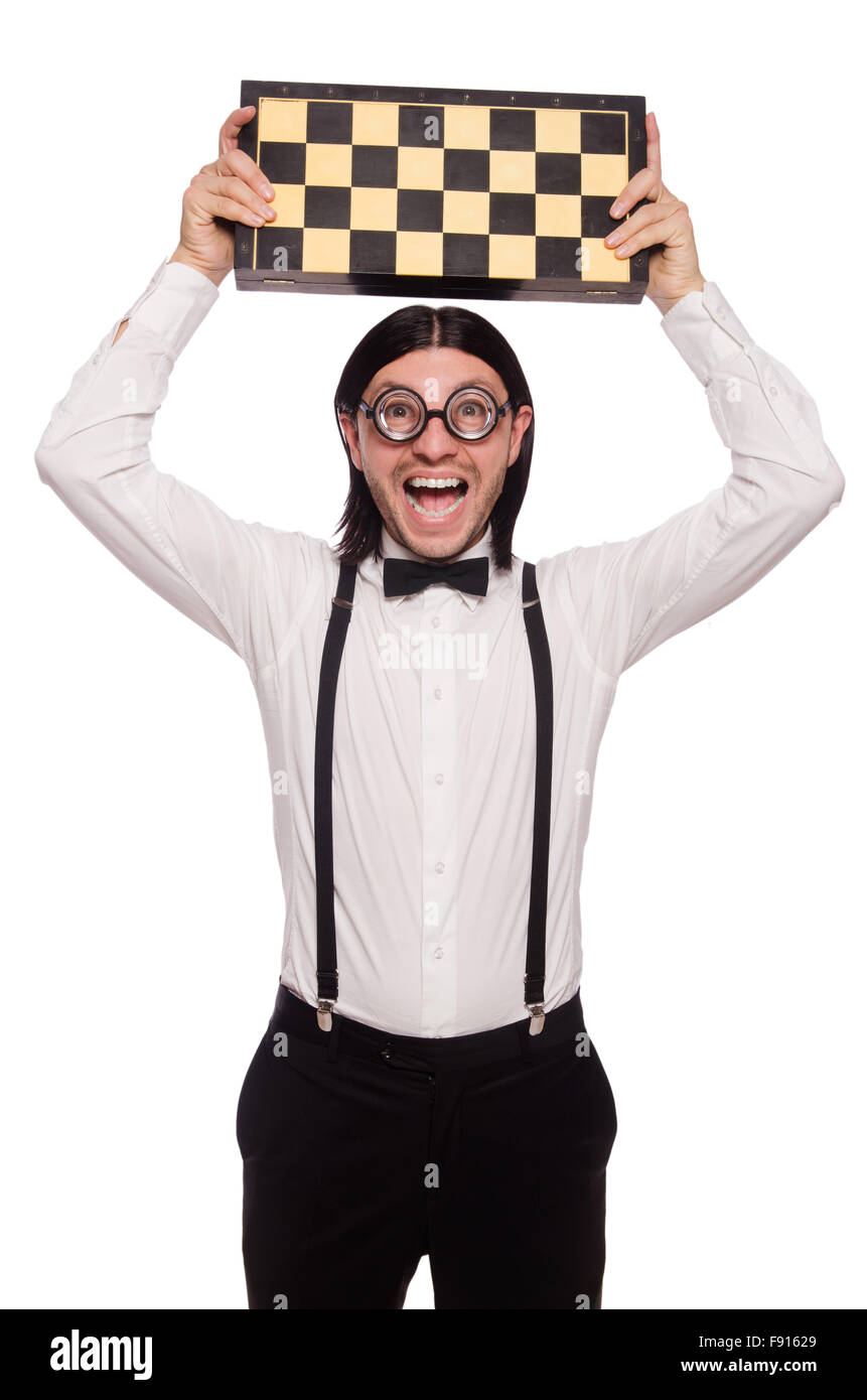 Nerd chess player isolated on white Stock Photo - Alamy