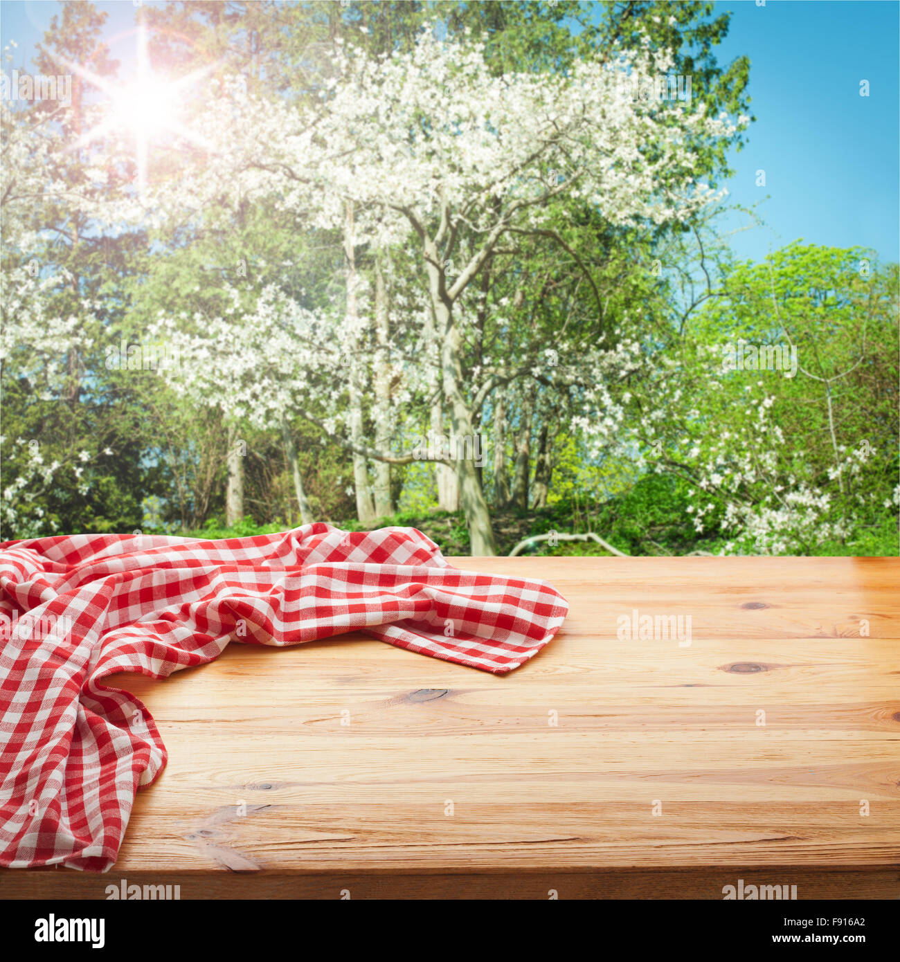 Empty table and tablecloth, Spring background, for product display ...