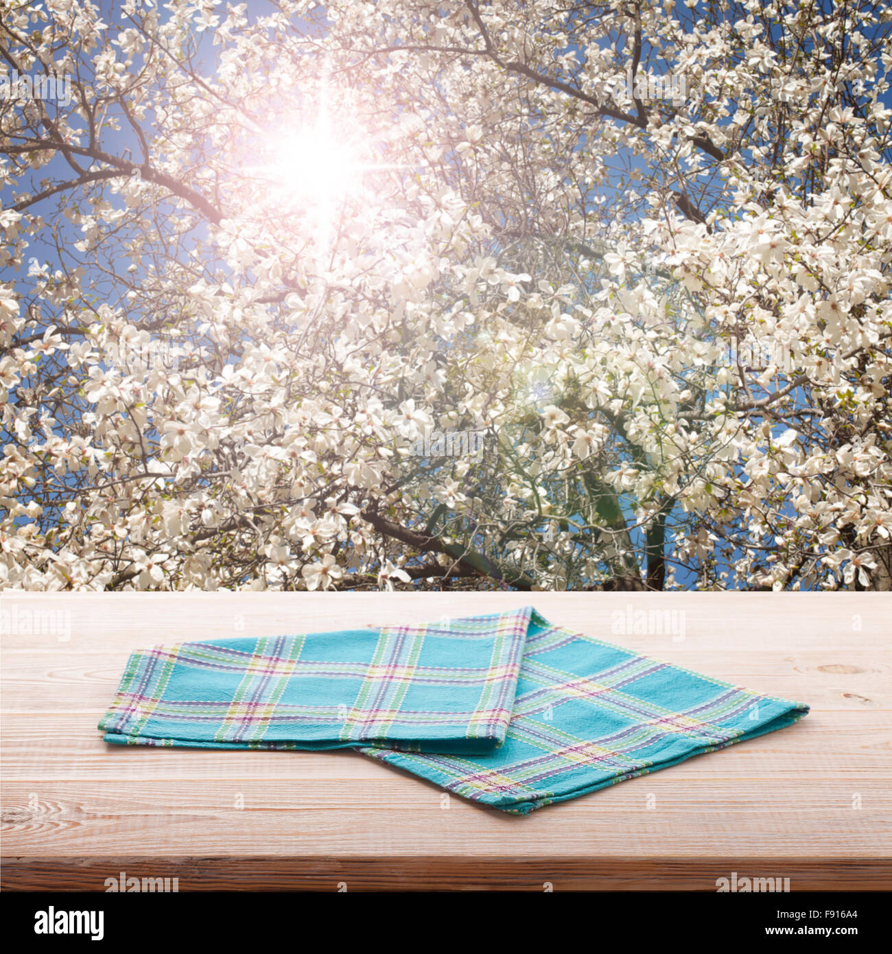 Empty table and tablecloth, Spring background, for product display ...