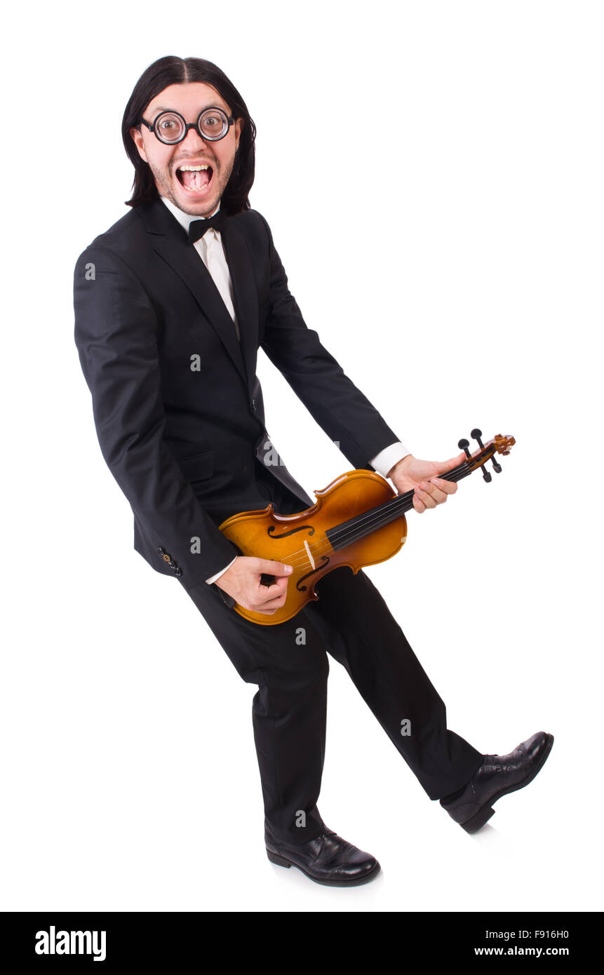 Funny man with music instrument on white Stock Photo - Alamy