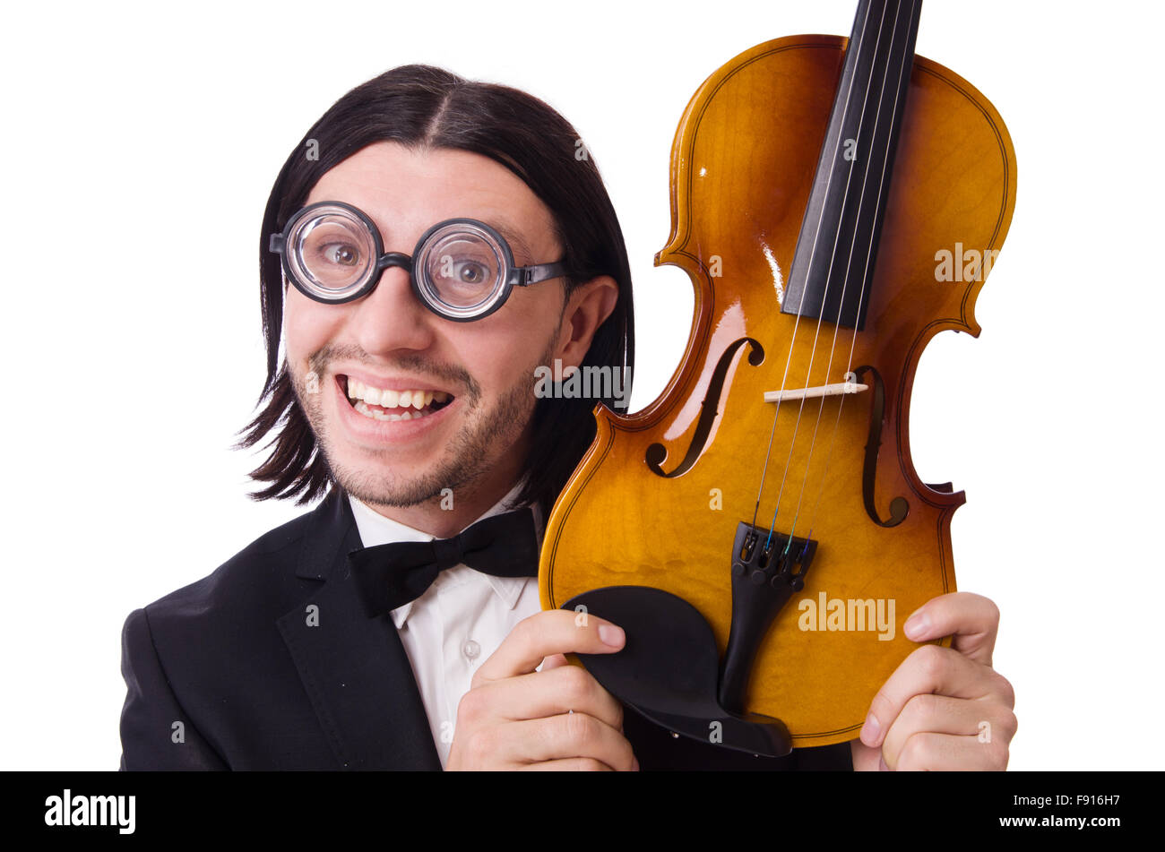 Funny man with music instrument on white Stock Photo - Alamy