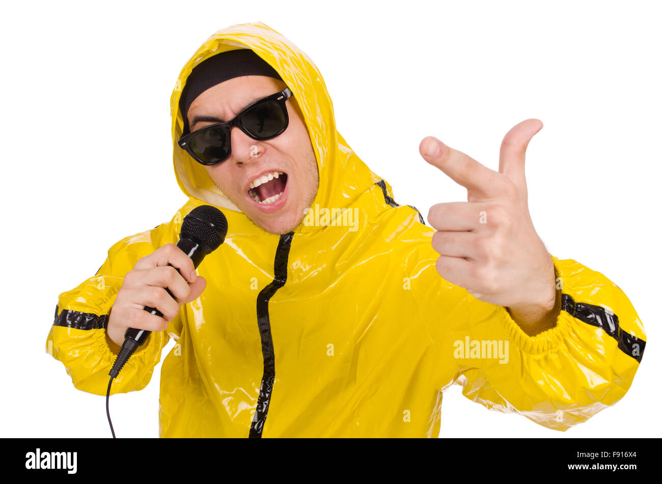 Funny performer with mic isolated on the white Stock Photo - Alamy