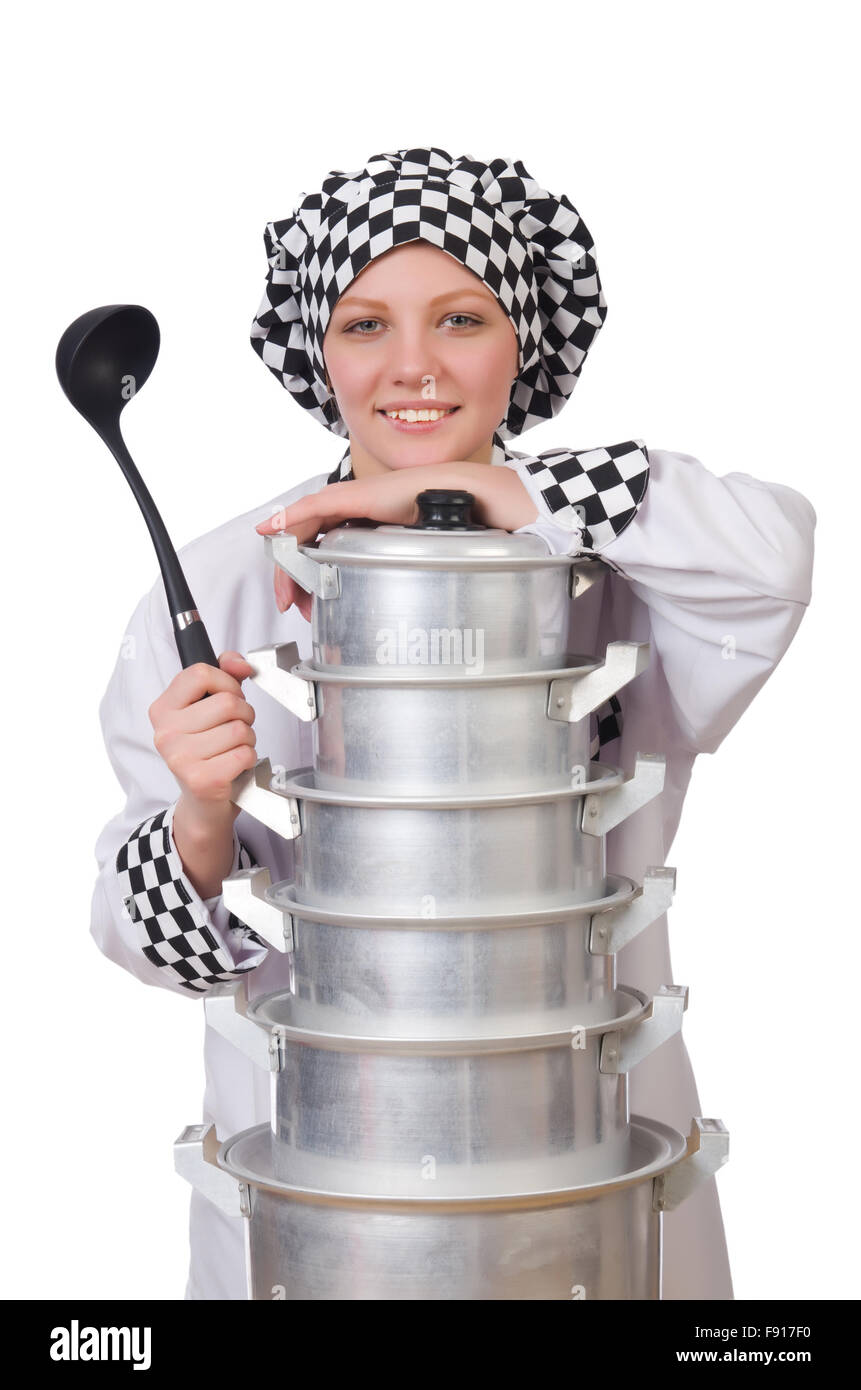 Cook with stack of pots on white Stock Photo - Alamy