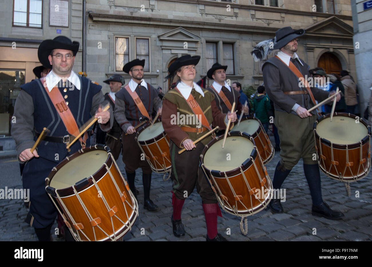 Geneva, Switzerland. 11th Dec, 1602. People dressed in ancient uniforms ...