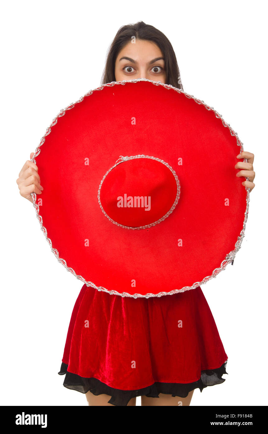 Woman wearing red sombrero isolated on white Stock Photo - Alamy