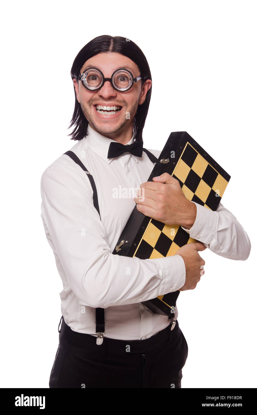 Funny man with chessboard isolated on white Stock Photo - Alamy