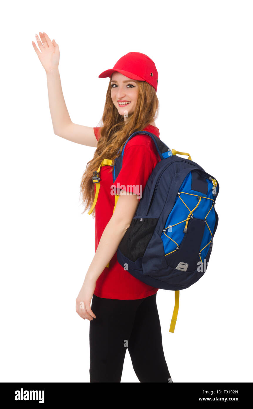 Pretty girl with backpack isolated on white Stock Photo - Alamy