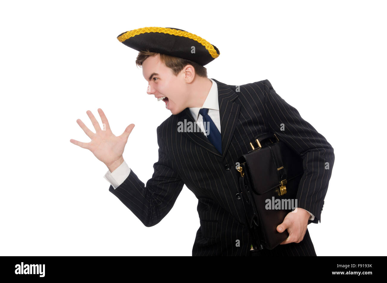 Young man in costume with pirate hat isolated on white Stock Photo - Alamy
