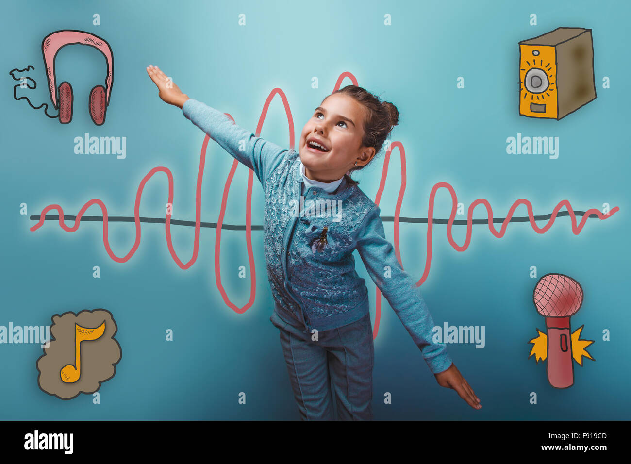 teen girl shows flight and laughing sound wave music radio sketc Stock ...