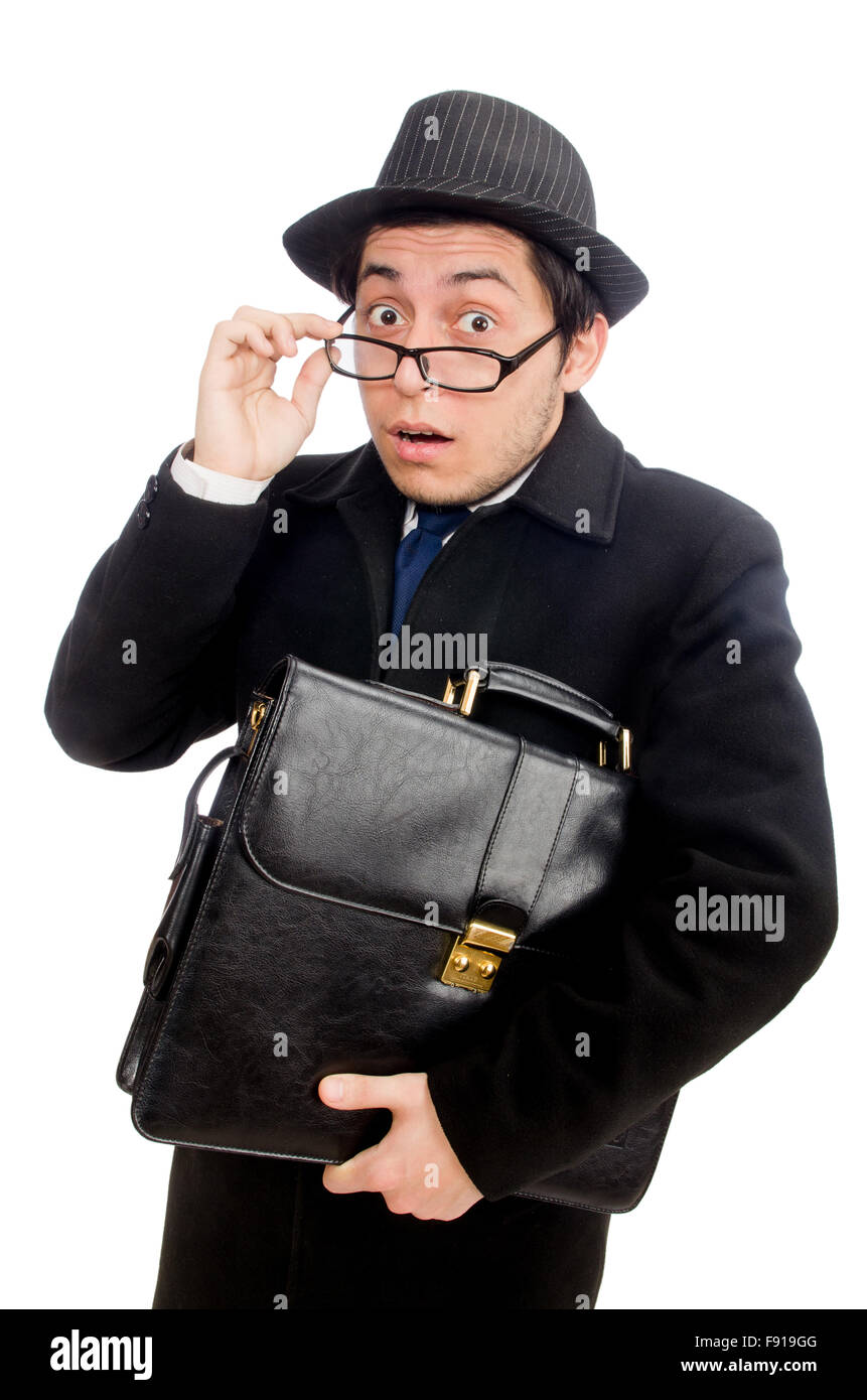 Young man holding suitcase isolated on white Stock Photo - Alamy