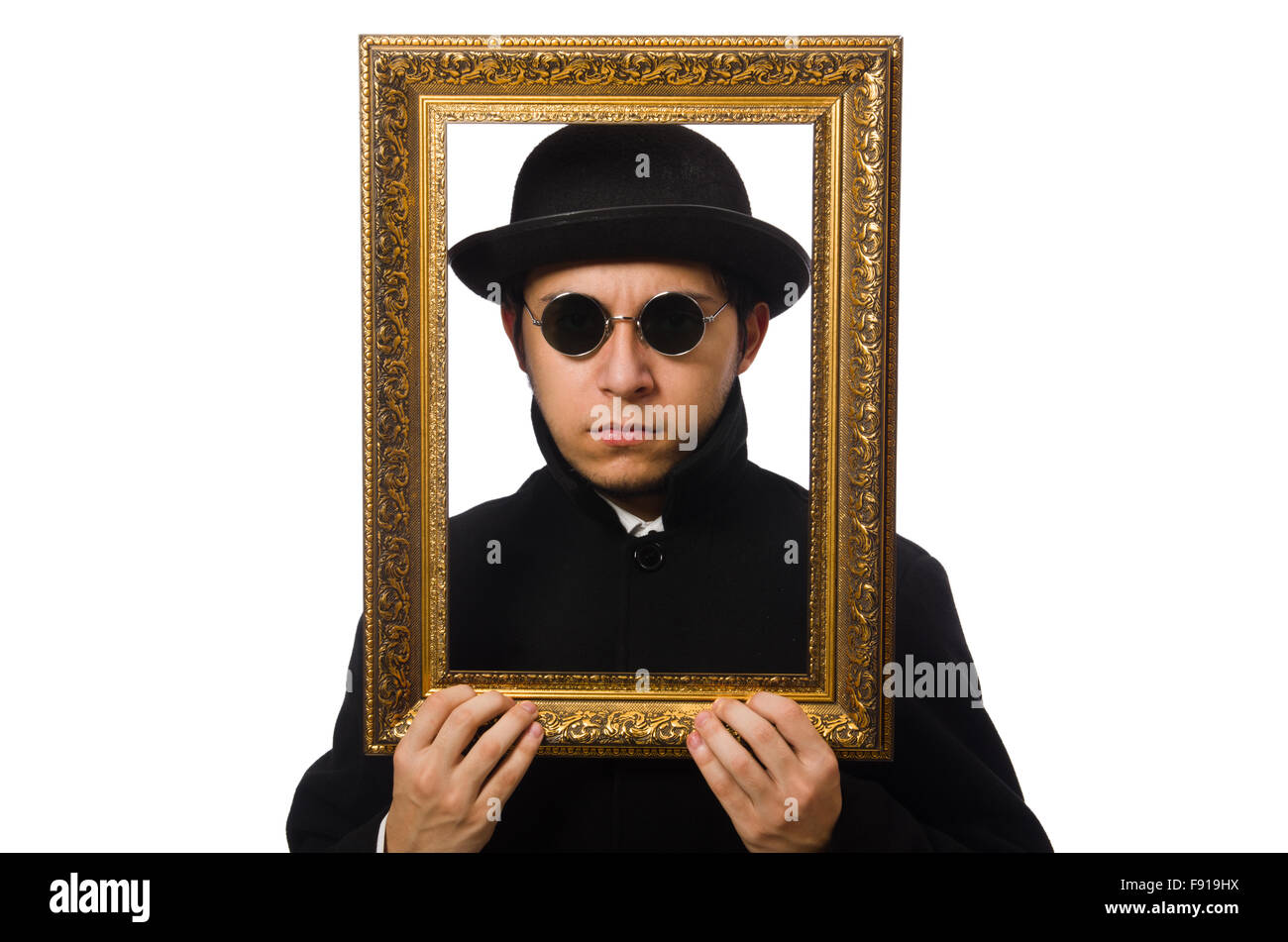 Young man holding frame isolated on white Stock Photo - Alamy