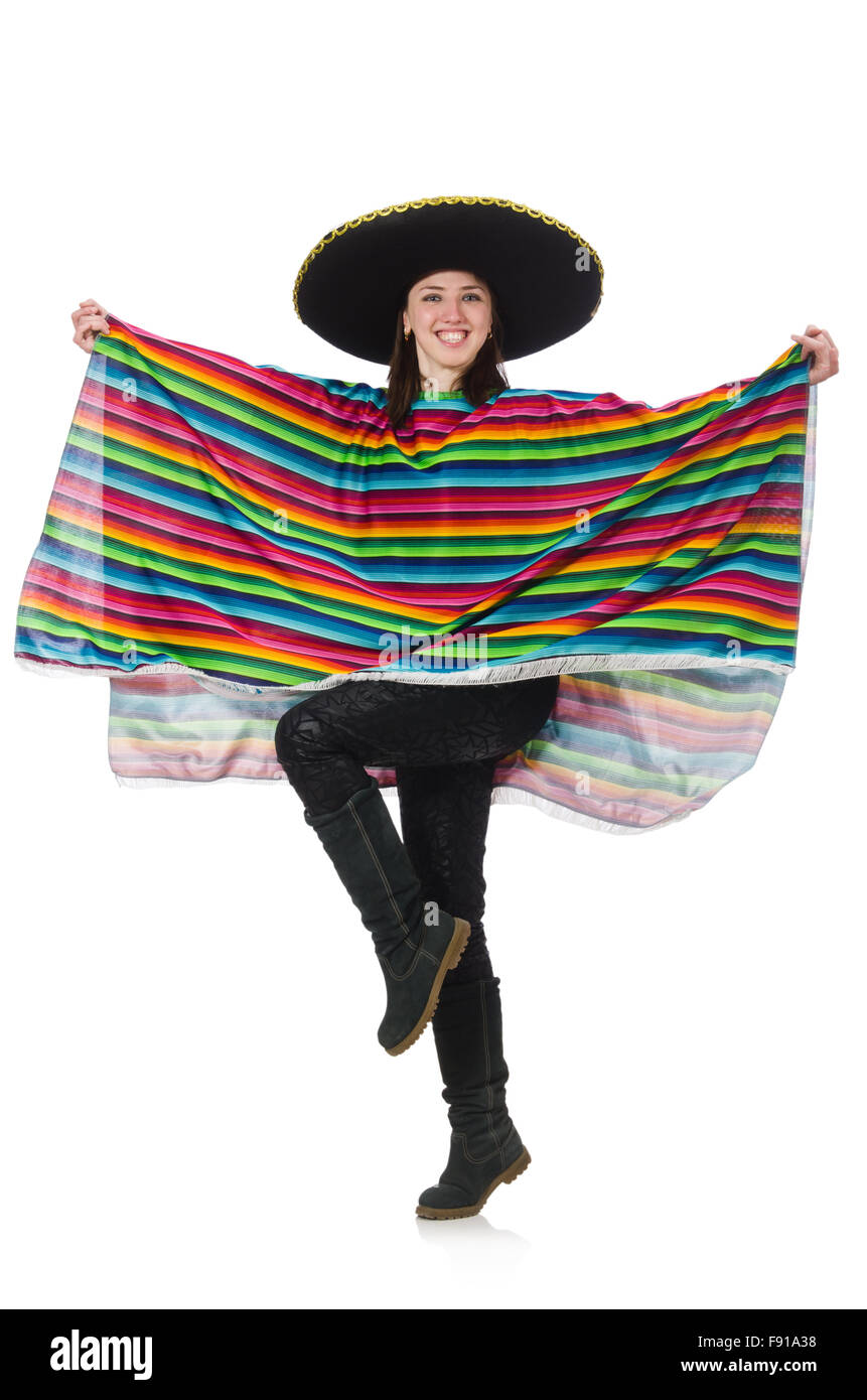 Pretty mexican girl in vivid poncho isolated on white Stock Photo - Alamy