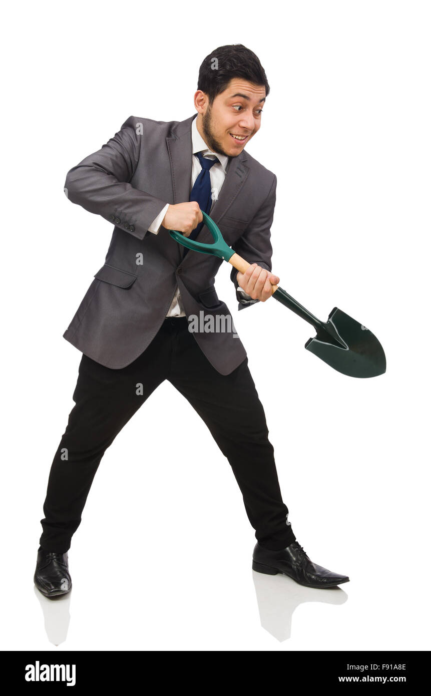 Young businessman holding a tool isolated on white Stock Photo - Alamy