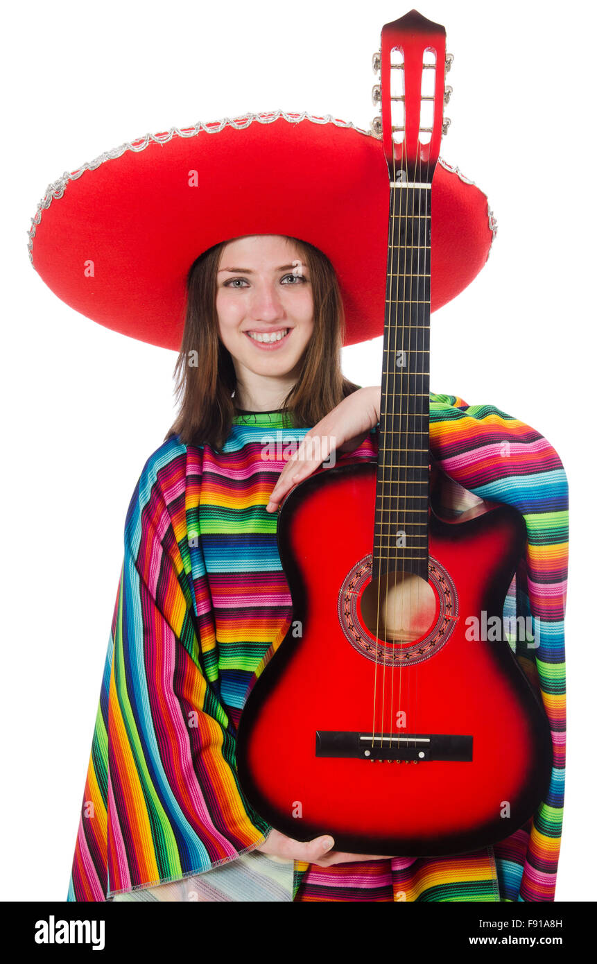 Pretty mexican girl in vivid poncho isolated on white Stock Photo - Alamy