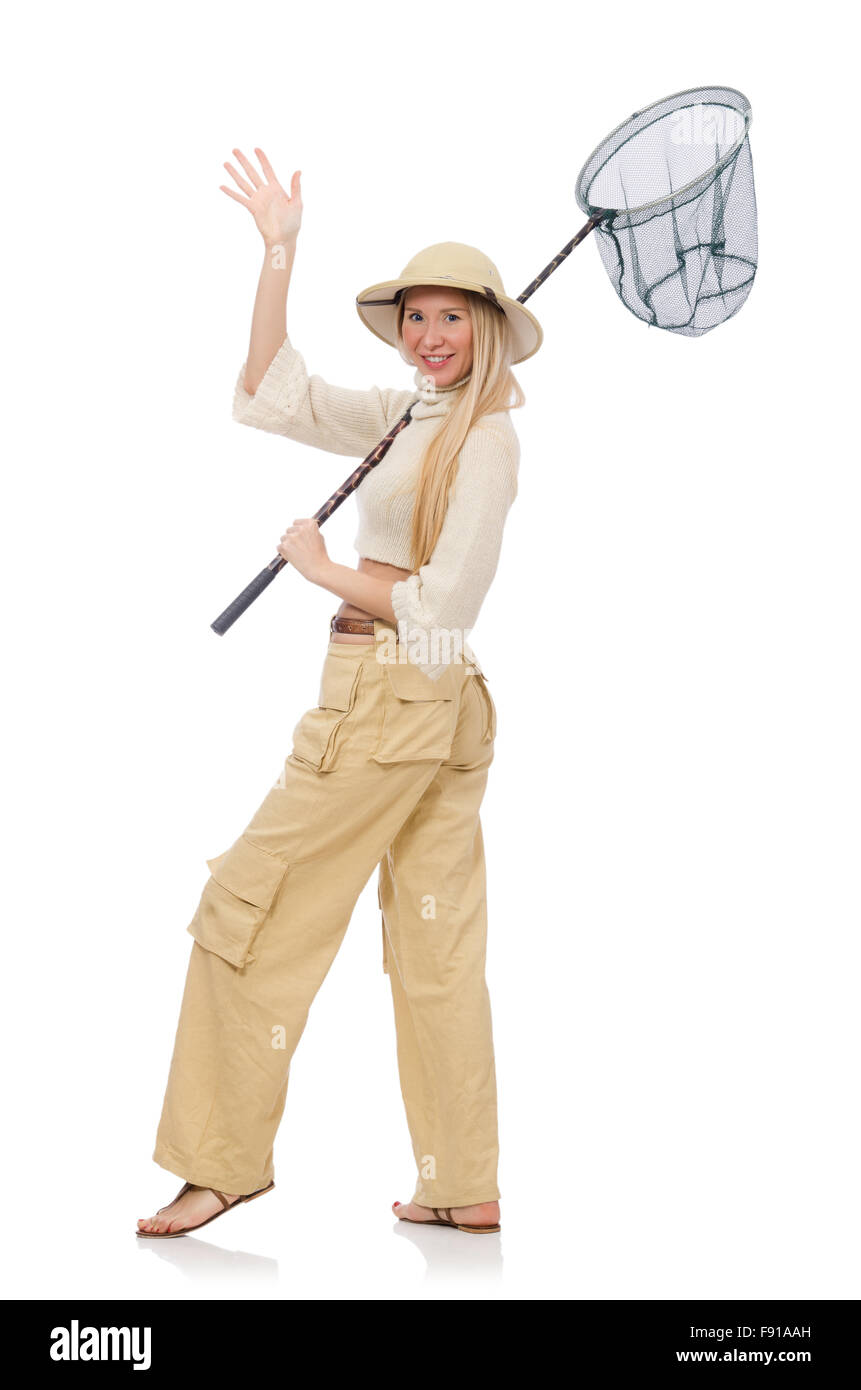 Woman with catching net isolated on white Stock Photo - Alamy