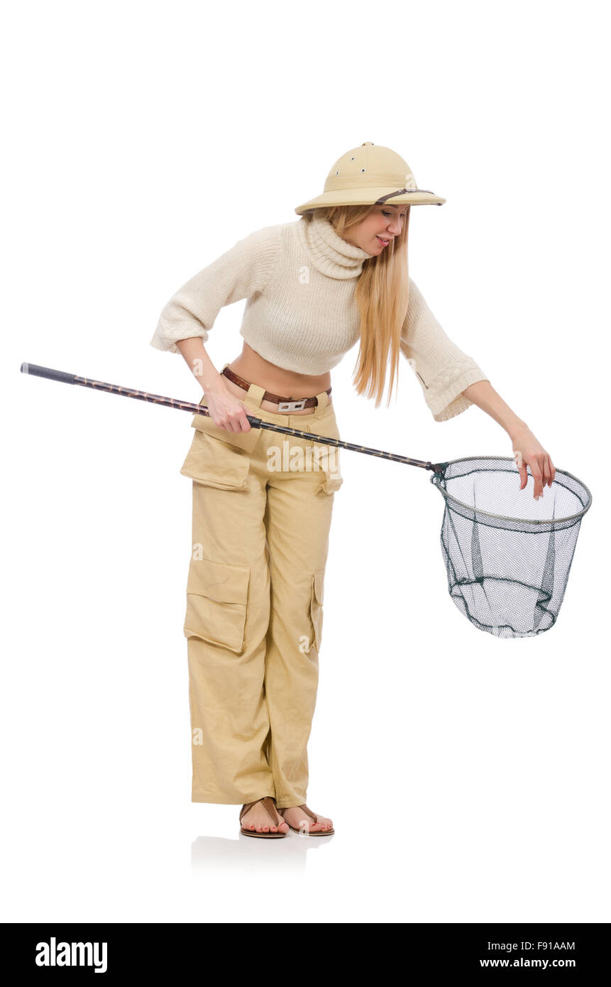 Woman with catching net isolated on white Stock Photo - Alamy