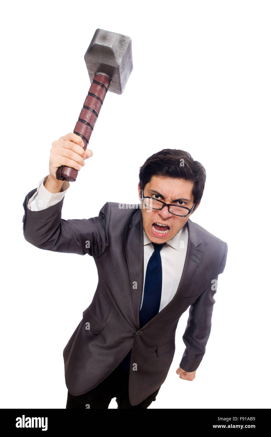 Business man holding hammer isolated on white Stock Photo - Alamy