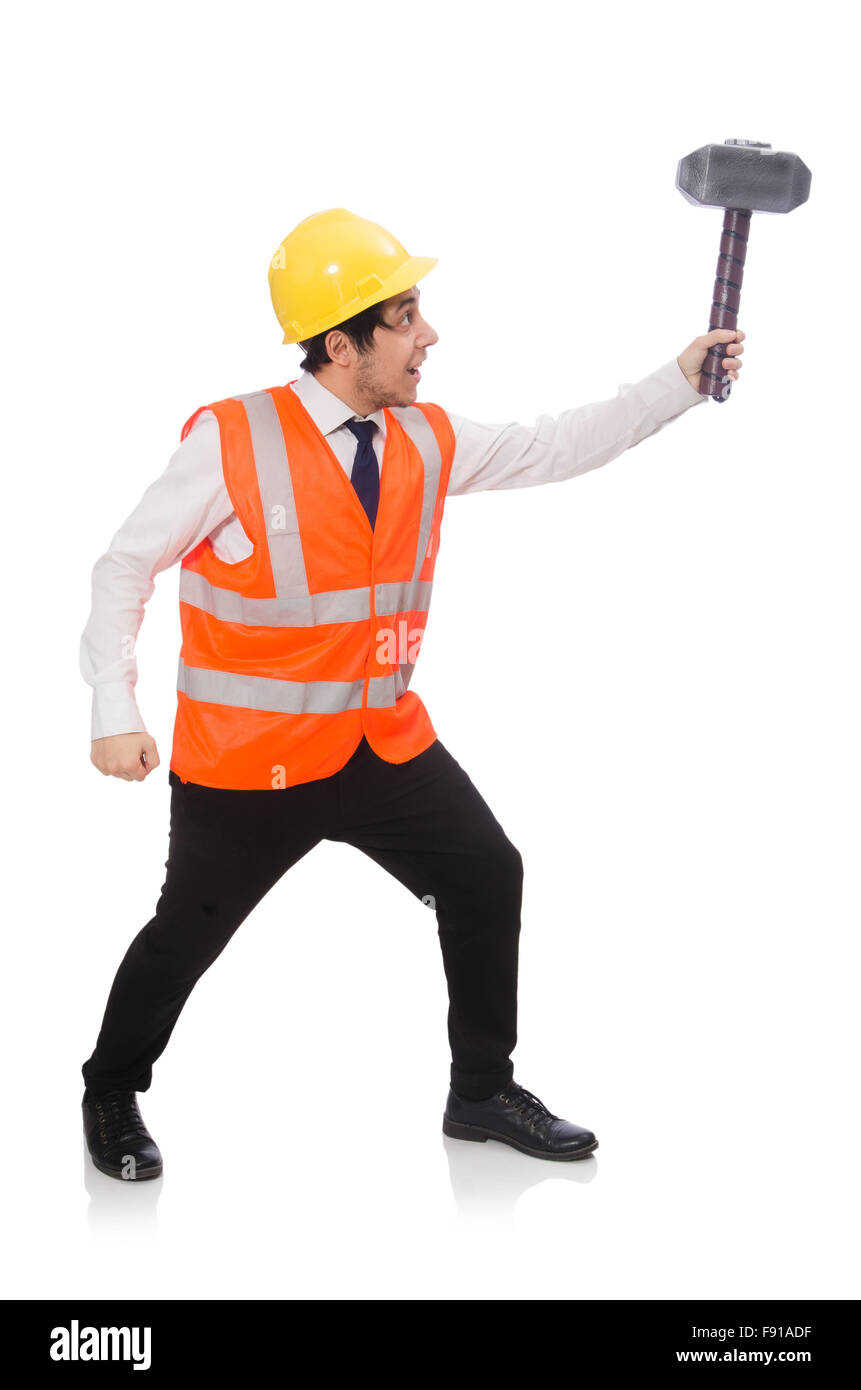 Construction worker with hammer isolated on white Stock Photo - Alamy
