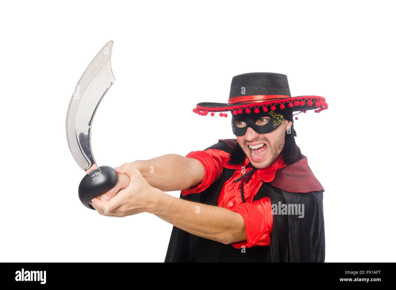 Young man in carnival coat with sword isolated on hi-res stock ...