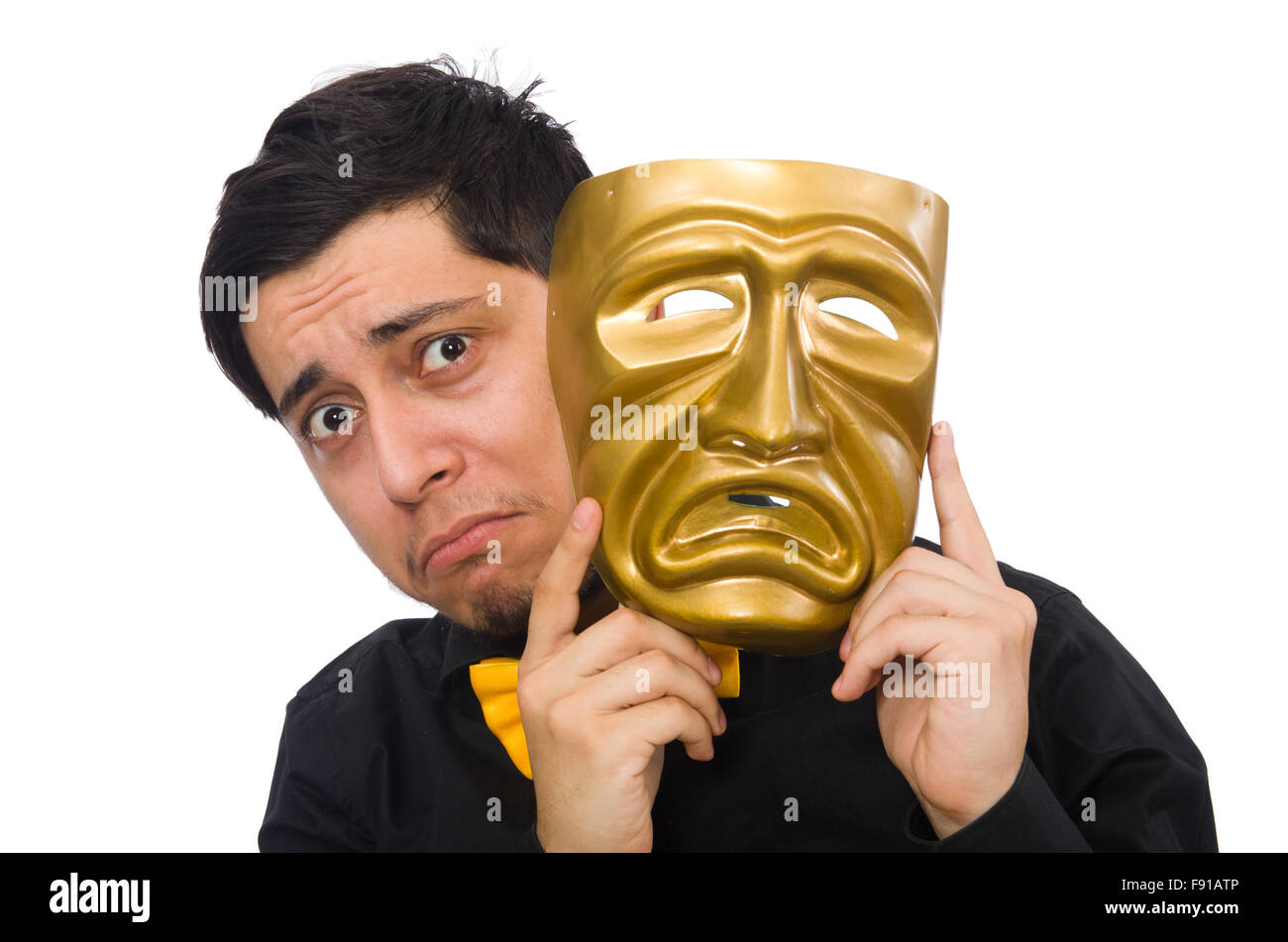 Young man with golden Venetian mask isolated on white Stock Photo - Alamy