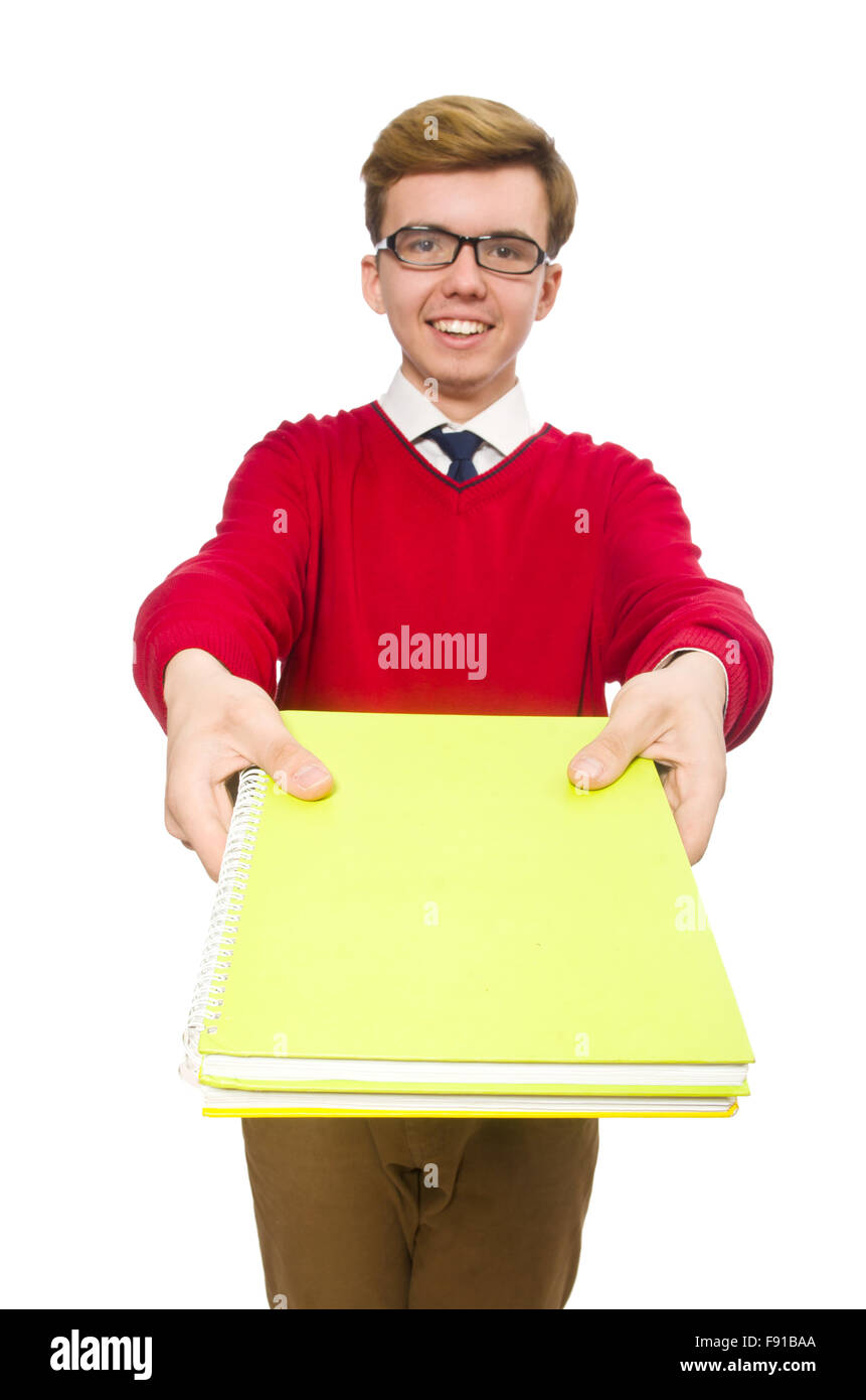 Student with paper isolated on white Stock Photo - Alamy