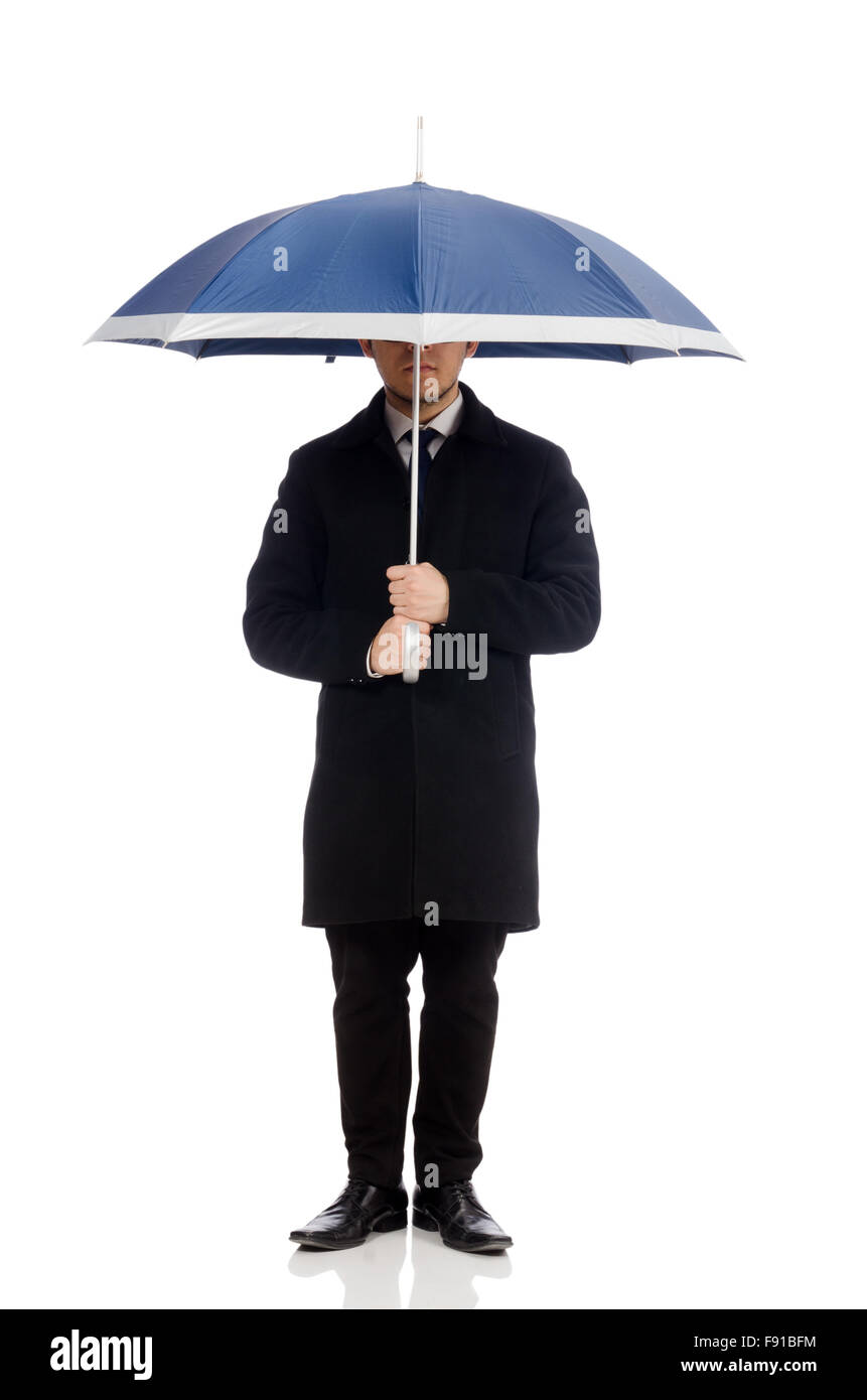 Young man with umbrella isolated on white Stock Photo - Alamy