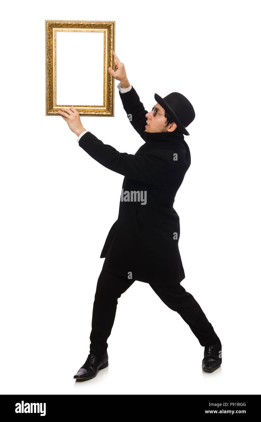 Young man holding frame isolated on white Stock Photo - Alamy