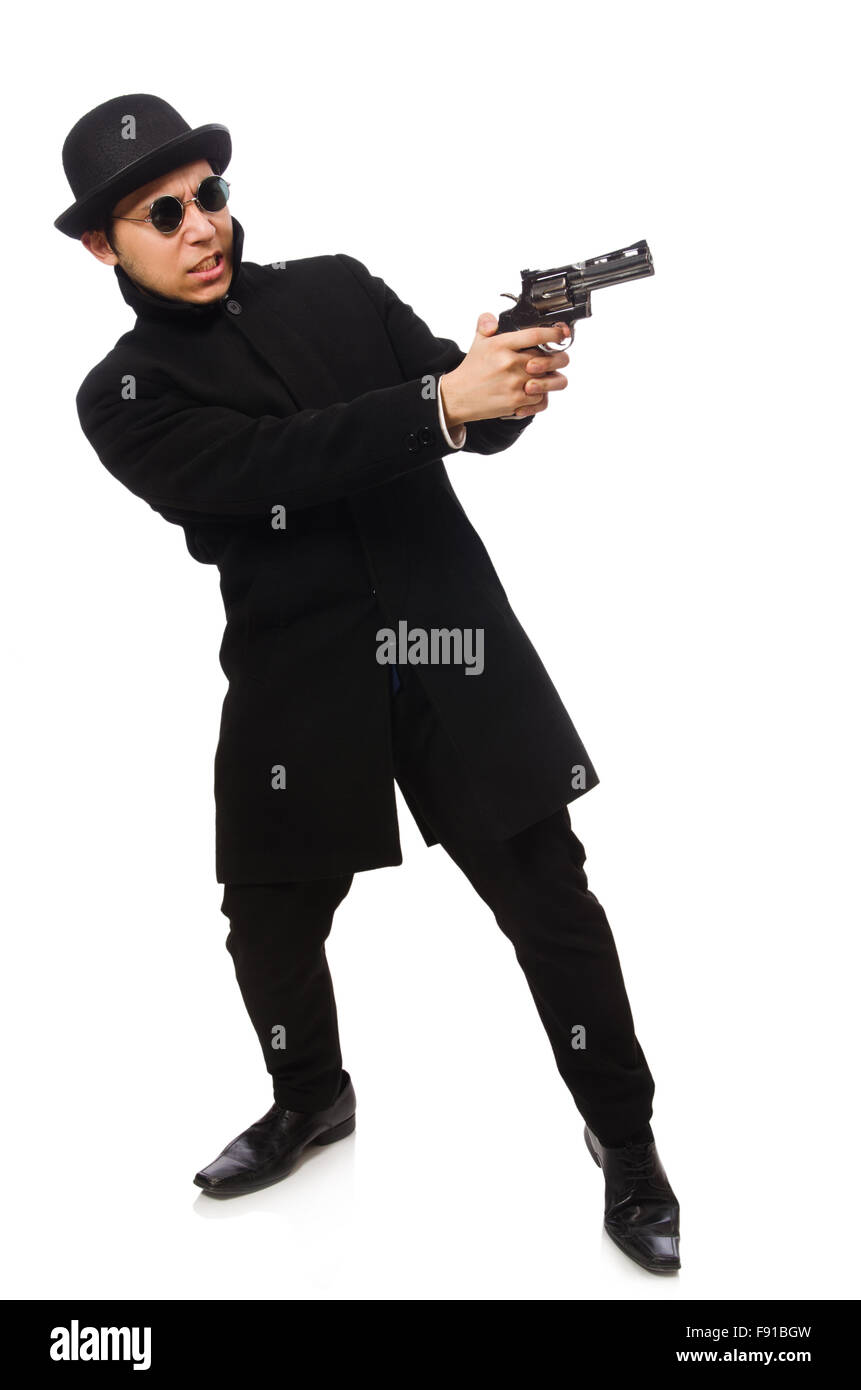 Young man with gun isolated on white Stock Photo - Alamy