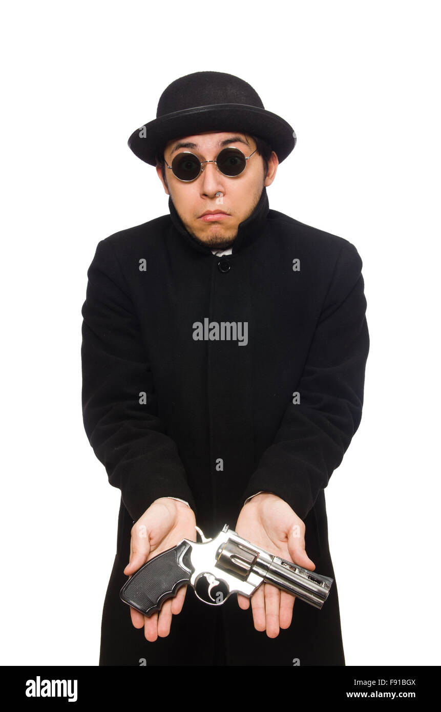 Young man with gun isolated on white Stock Photo - Alamy