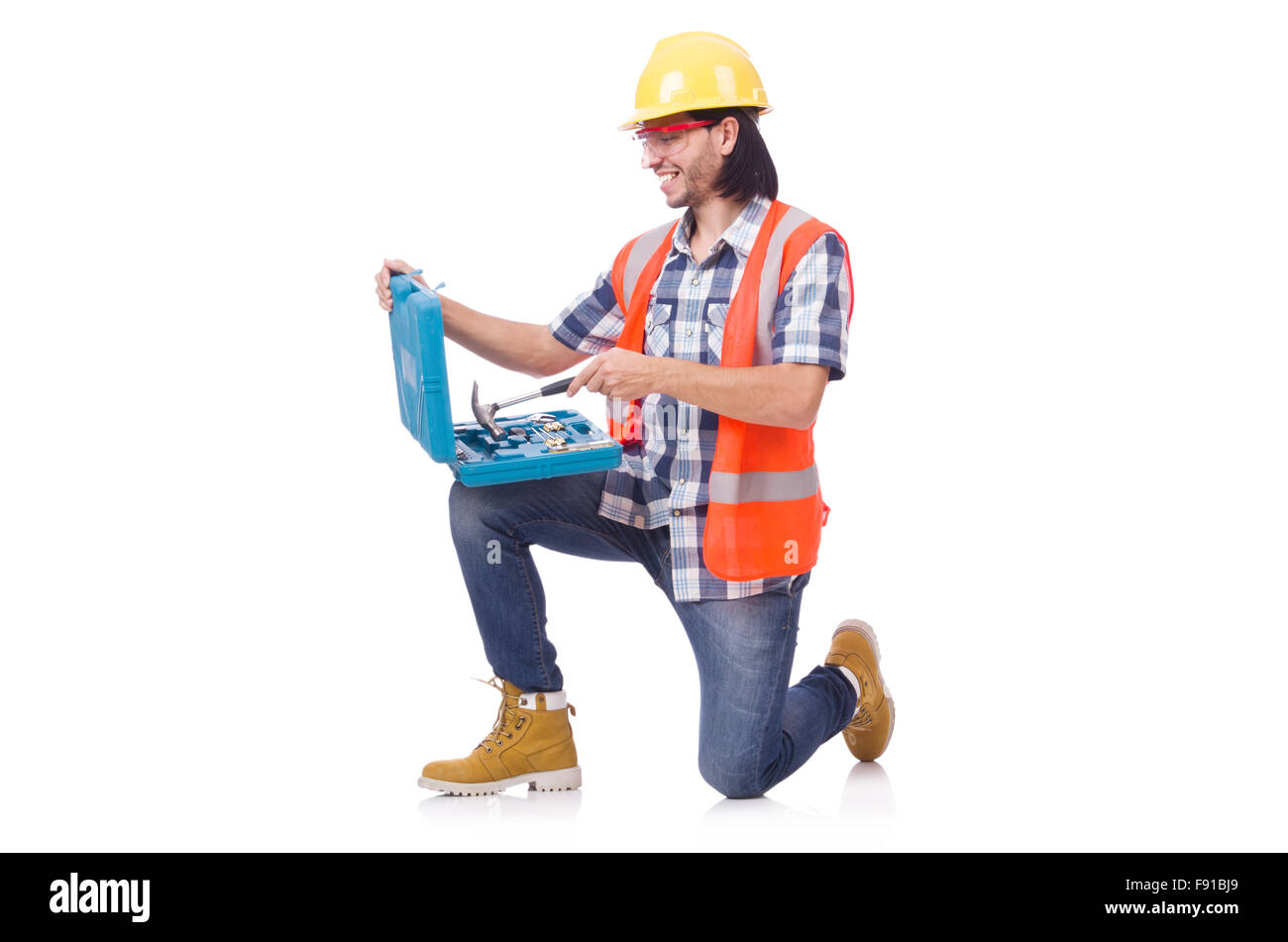 Construction worker with tool box isolated on white Stock Photo - Alamy