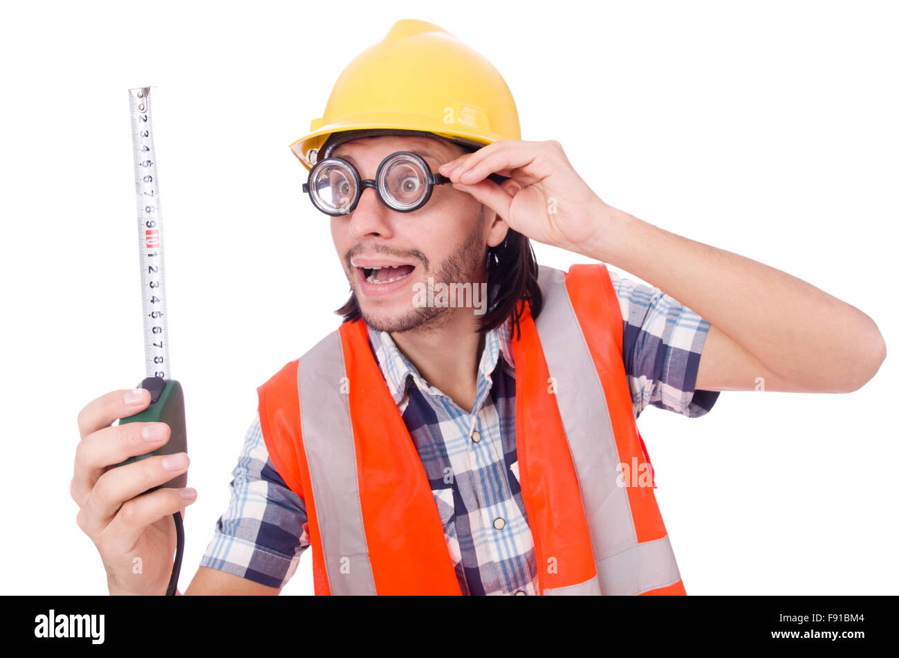 Funny constructon worker with tape-line isolated on white Stock Photo ...