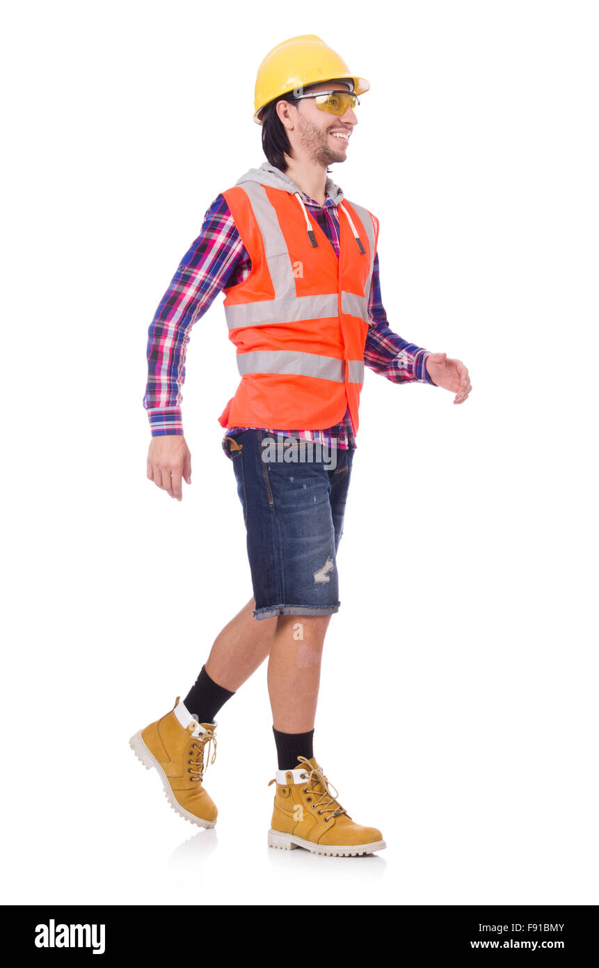 Walking young construction worker isolated on white Stock Photo - Alamy
