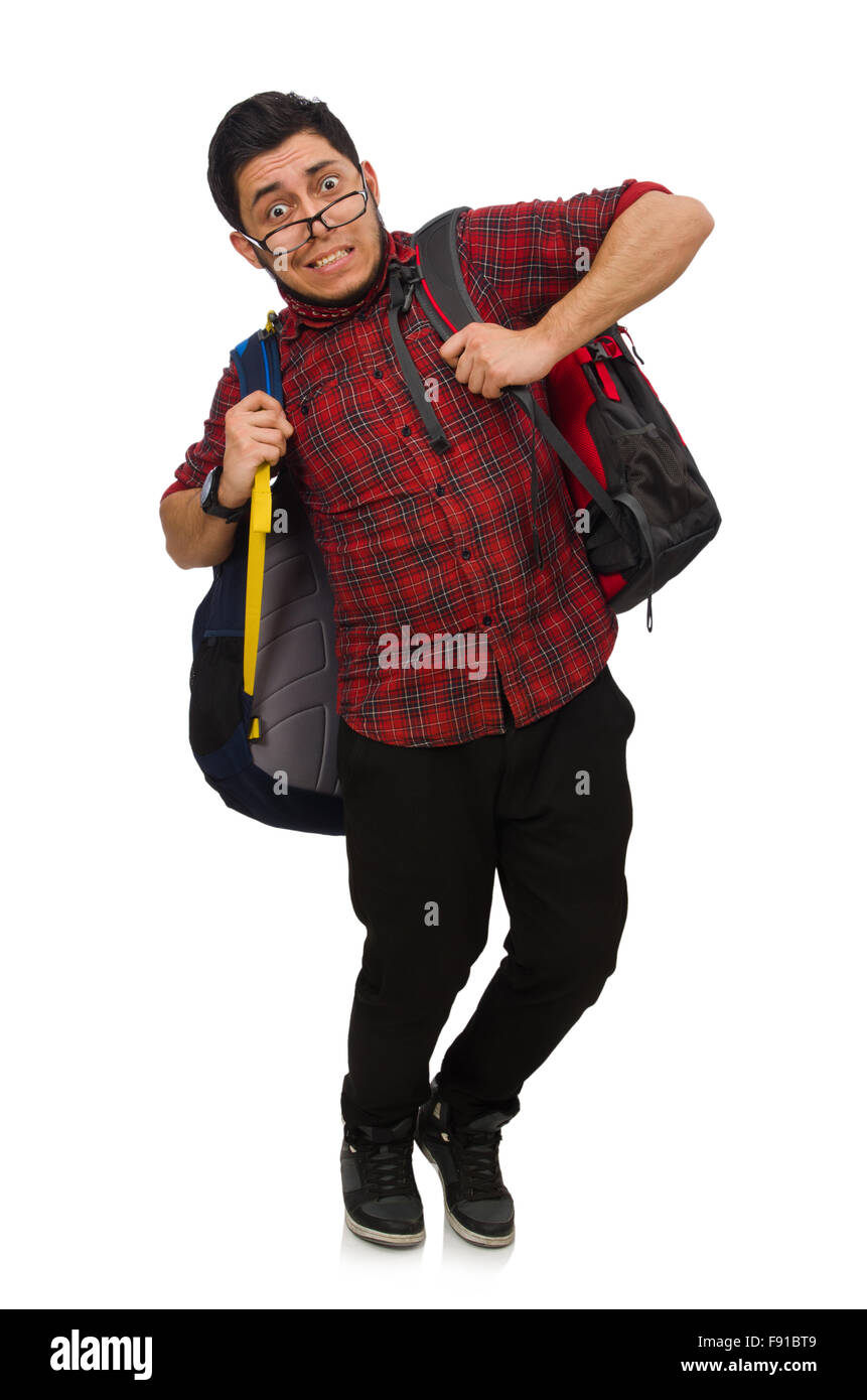 Young man with bags isolated on white Stock Photo - Alamy
