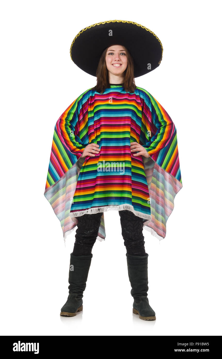 Pretty mexican girl in vivid poncho isolated on white Stock Photo - Alamy