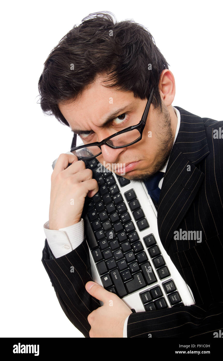 Young employee with keyboard isolated on white Stock Photo - Alamy