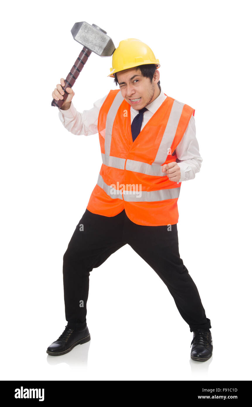 Construction worker with hammer isolated on white Stock Photo - Alamy