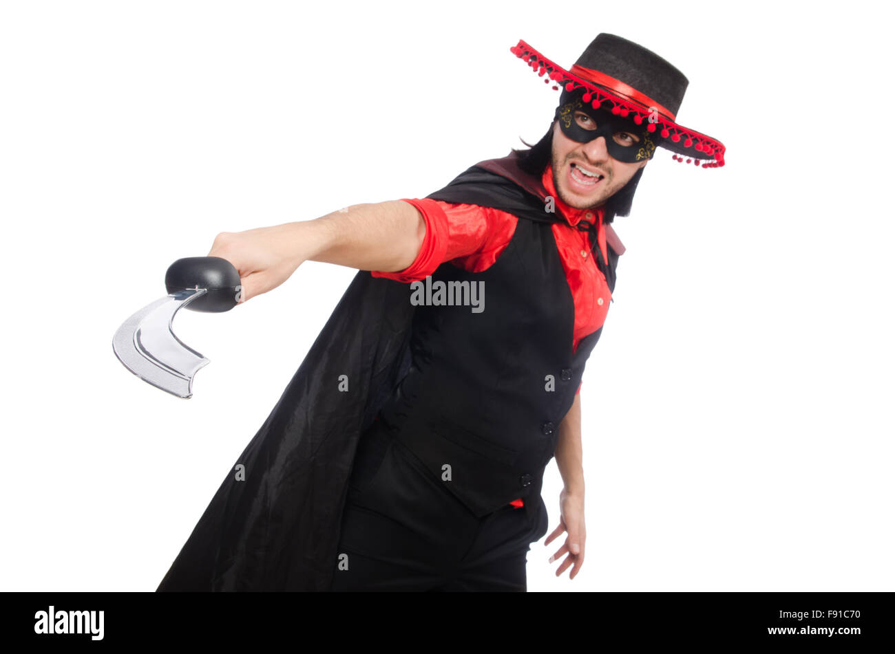 Young man in carnival coat with sword isolated on hi-res stock ...