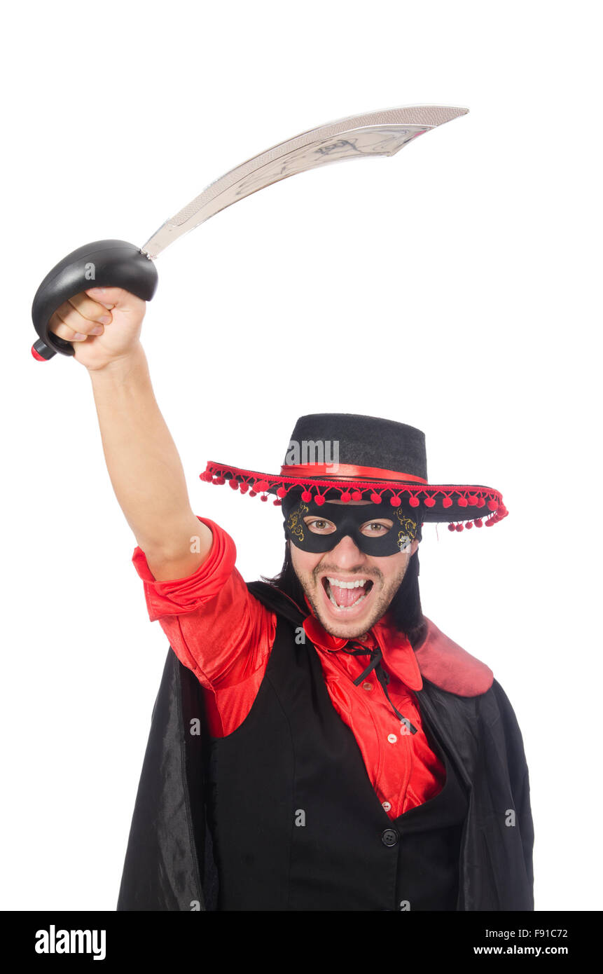 Young man in carnival coat with sword isolated on white Stock Photo - Alamy