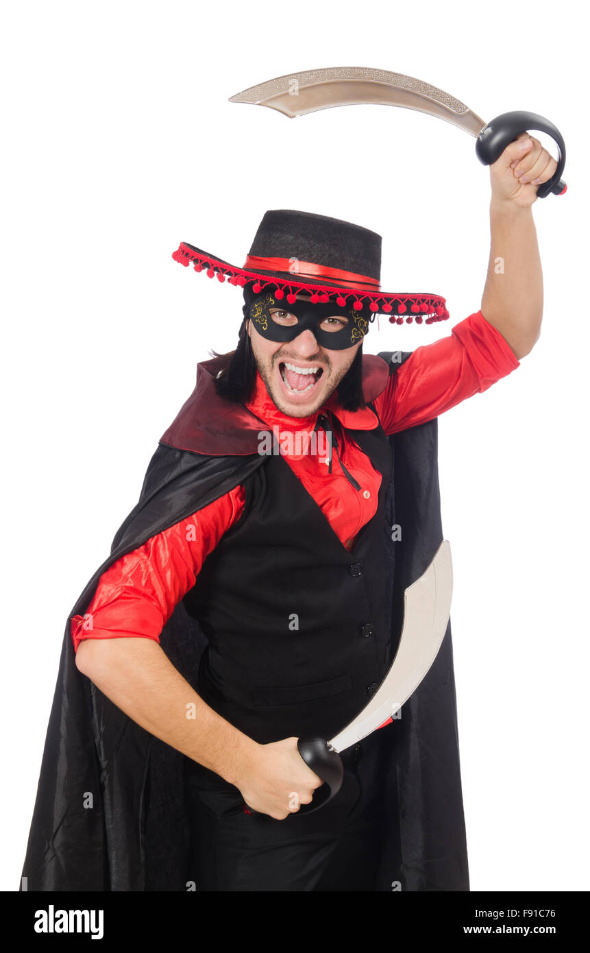 Young man in carnival coat with sword isolated on hi-res stock ...
